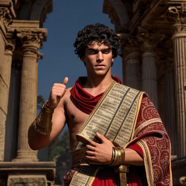 young and handsome ancient Roman, dressed in a red t...