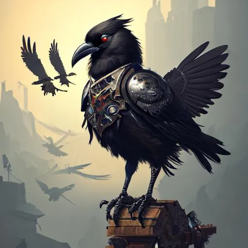 ecopunk anthropomorphic crow in battle armor, on sky...