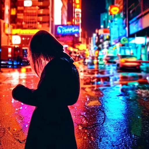Sad beautiful lonely woman overlooking the neon ligh... | OpenArt