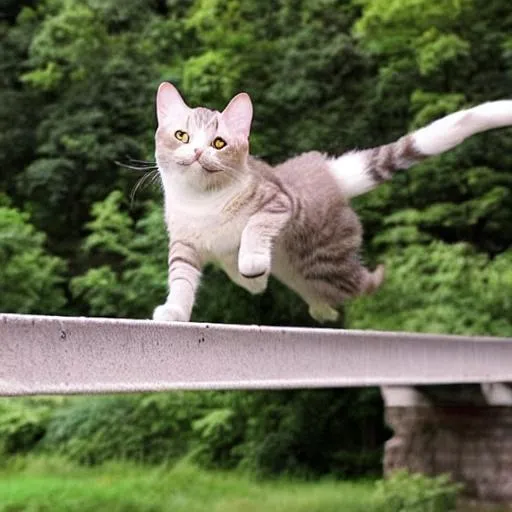 Cat flying off a bridge.