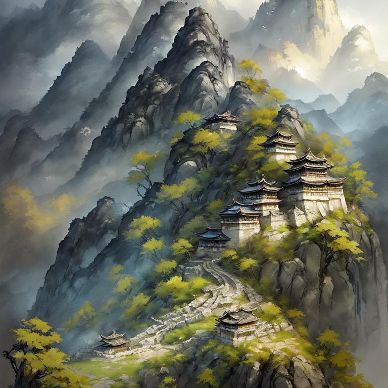 An epic fantasy wuxia painting of the rural mountain... | OpenArt