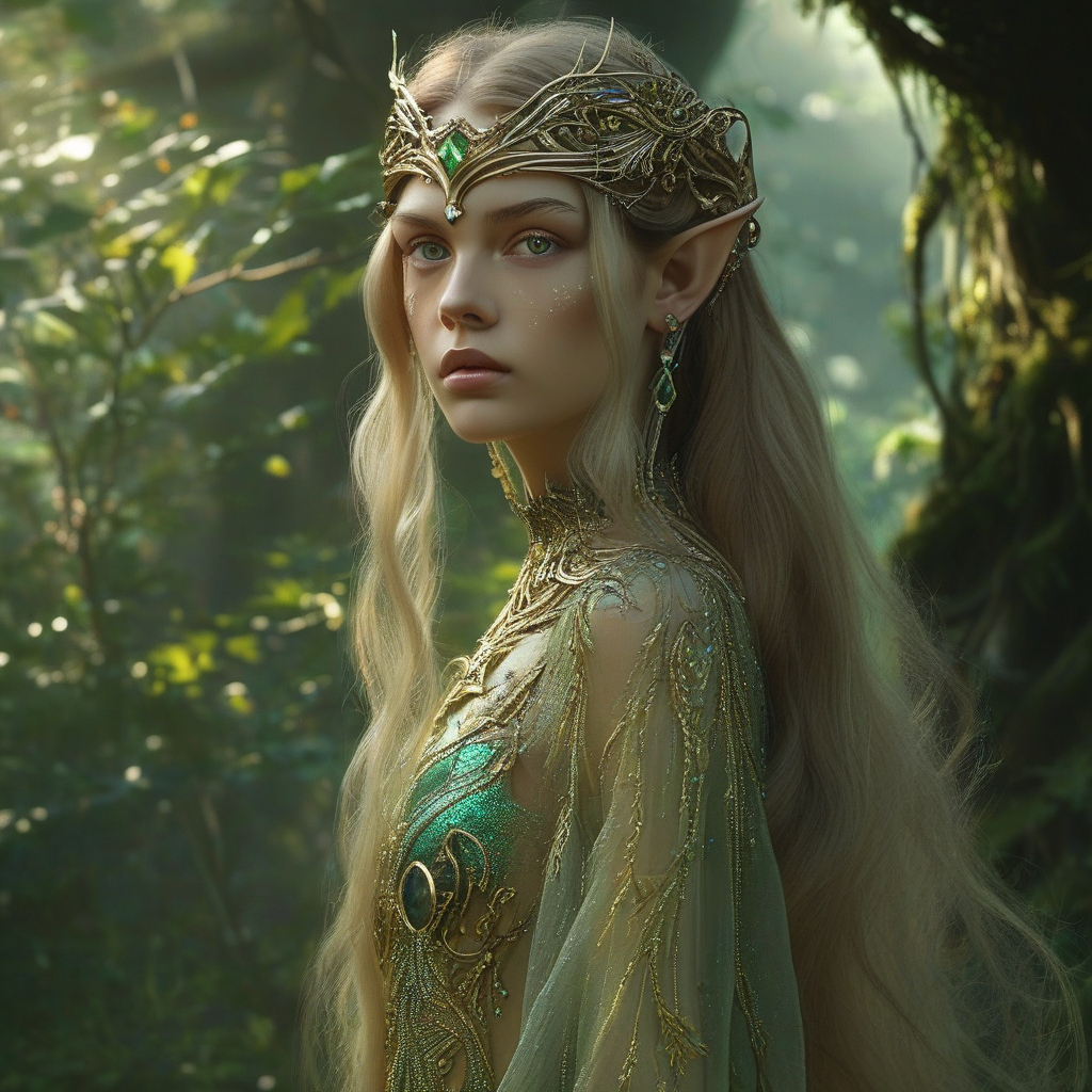 Female elf royalty, elegant and regal aura, intricat...