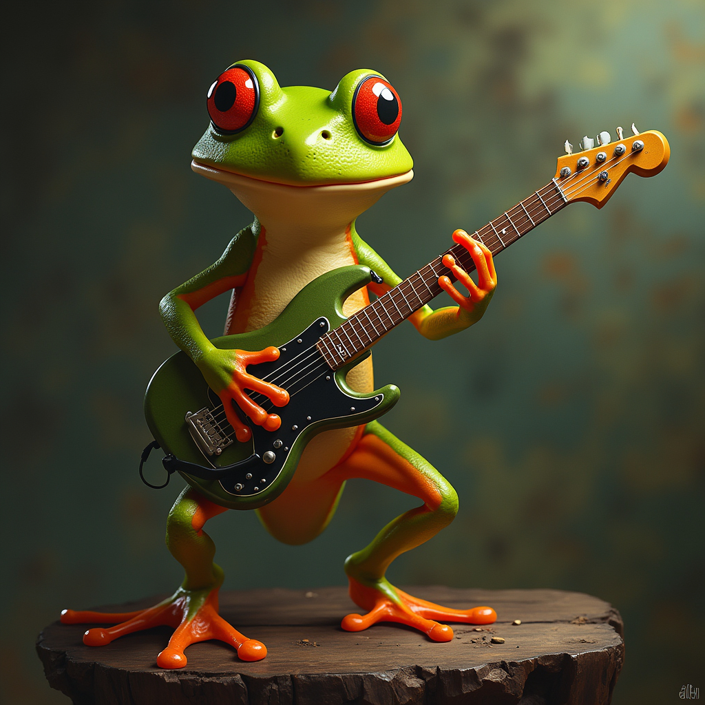 Imagine a frog 80s rock band ensemble