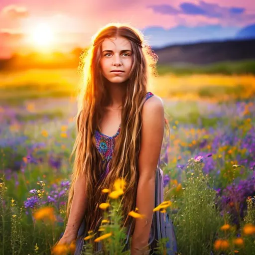 hippy girl with meadow of wildflowers and sunset in... | OpenArt