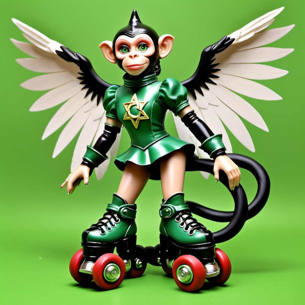 wizard of oz flying monkey wearing roller skates, fe...