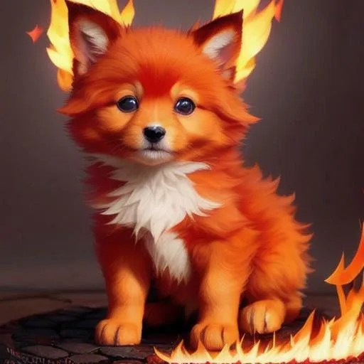 Cute, red, fluffy, fire puppy, possessing the elemen...