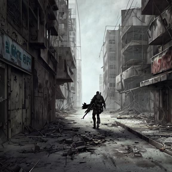 The world is post apocalyptic, a wolf carrying his r...