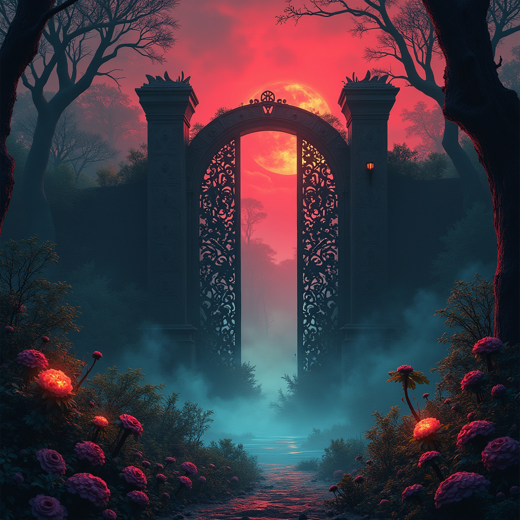 dim red sky, mythical forest and plants, gate that l...