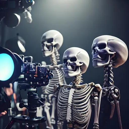 animated skeleton film crew with camera, sound, ligh...