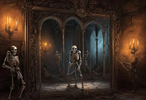 fantasy art. skeletons face a large mirror on a cast...