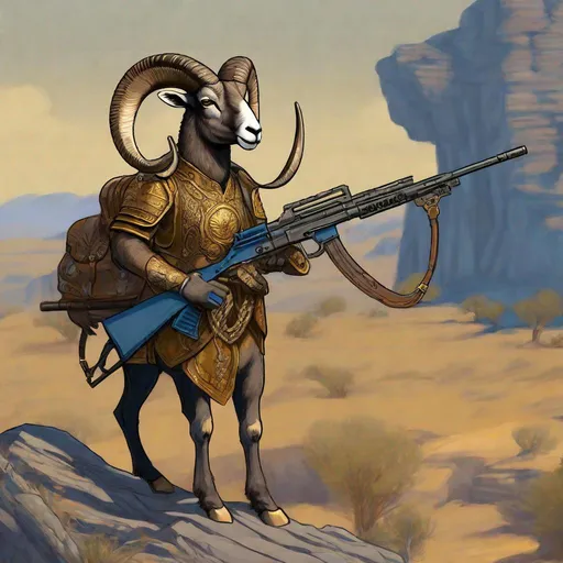 male bighorn sheep. holding machine gun Renaissance...