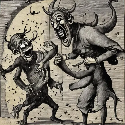 the devil laughing at a poor man being devastated by... | OpenArt