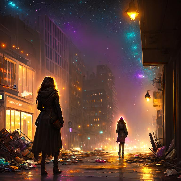 painting of a woman, nighttime, post apocalyptic cit... | OpenArt