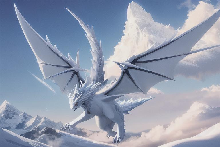 Ice dragon flying through clear sky, no clouds, snow... | OpenArt