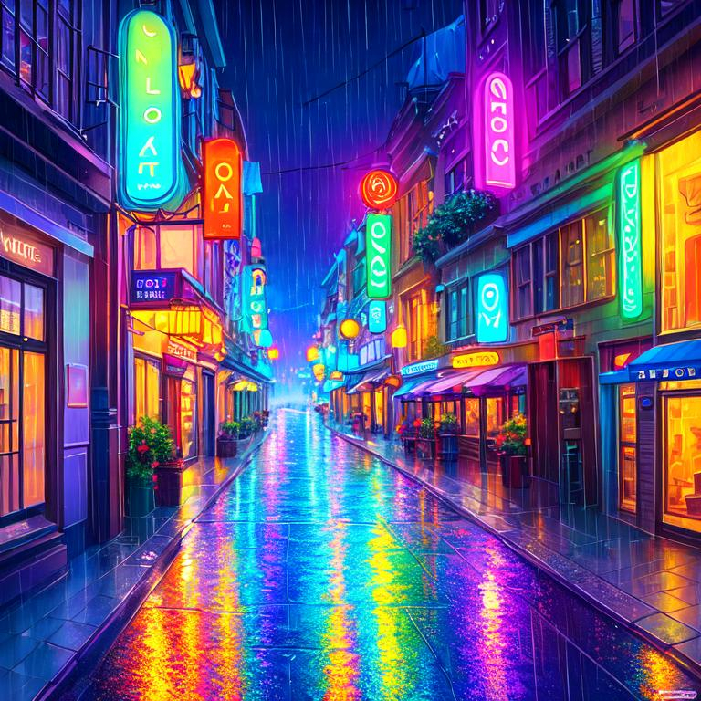 a pixar style painting of a street in a city, rain,...