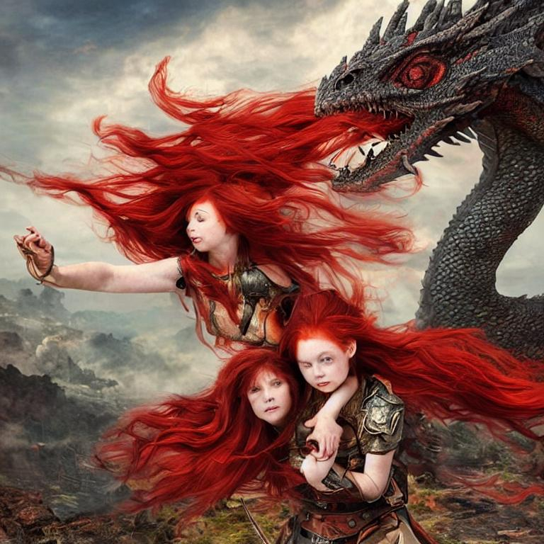 A red-haired girl riding a dragon. The key point is... | OpenArt