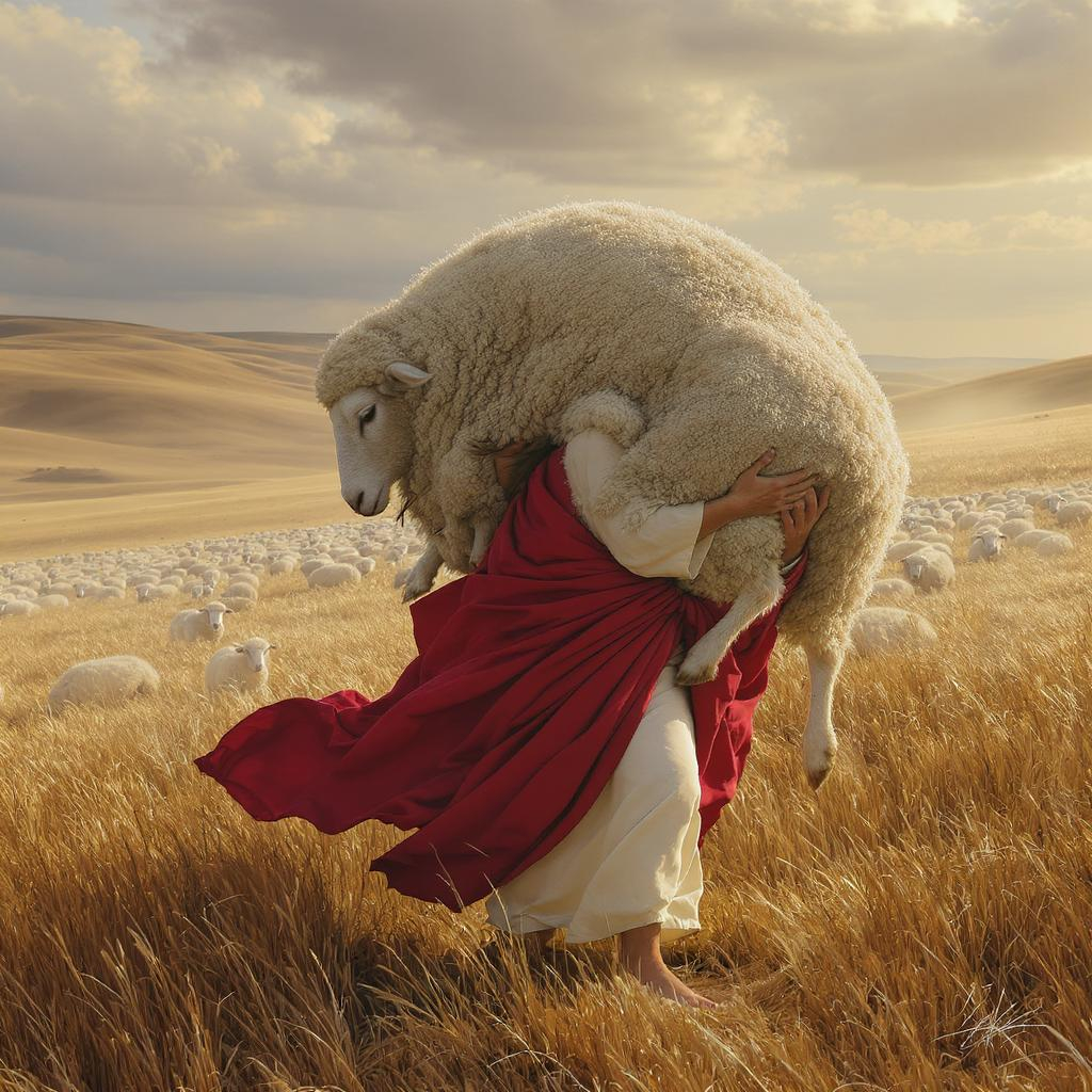 Jesus carrying one lost sheep, background have 99 sh...