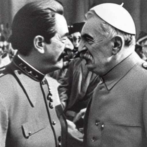 Stalin meets the Pope and kisses him on the hand. | OpenArt