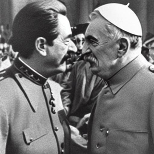 Stalin meets the Pope and kisses him on the hand. | OpenArt