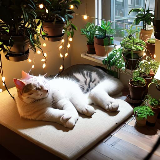 a cat laying down in an apartment with lots of plant... | OpenArt