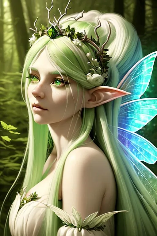 Portrait of a faerie with long straight green and wh... | OpenArt