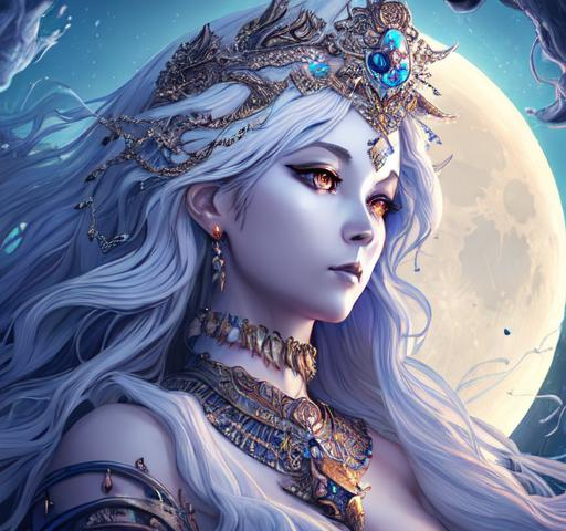 splash art of a {moon goddess}, hyperrealistic, pe...
