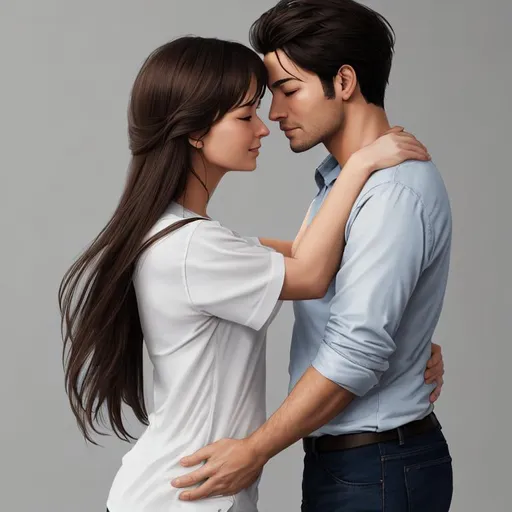 a couple hugging, photorealistic, side view,