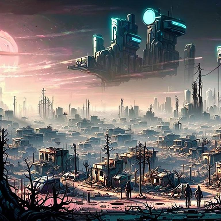 Post apocalyptic town surrounded by dead trees and a... | OpenArt