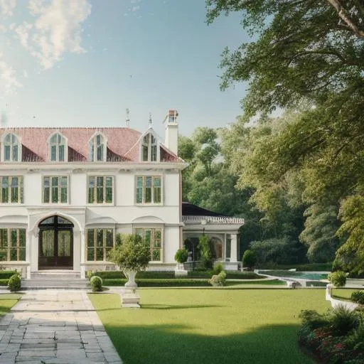 landscape of white mansion, countryside, big windows... | OpenArt