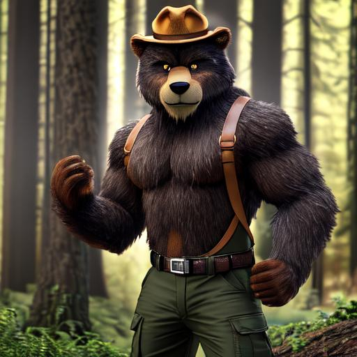 Smokey bear modeling, hyper-realistic, 4K UHD, HDR,...