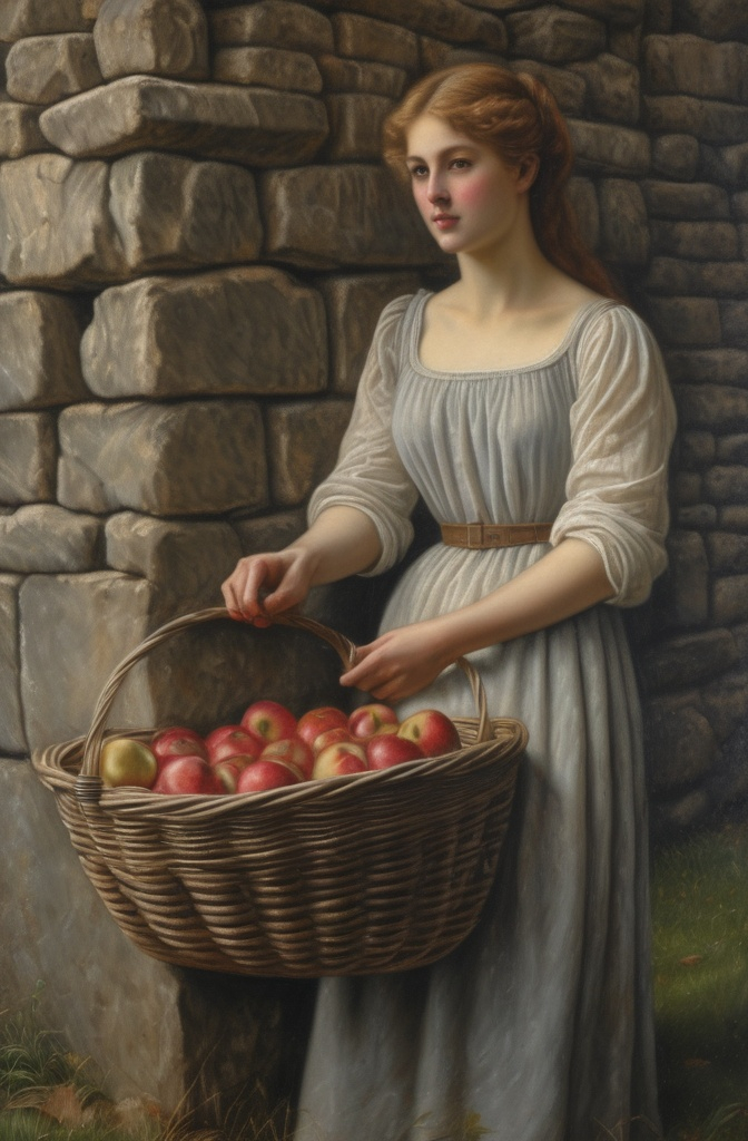 a painting of a woman holding a basket of apples in...