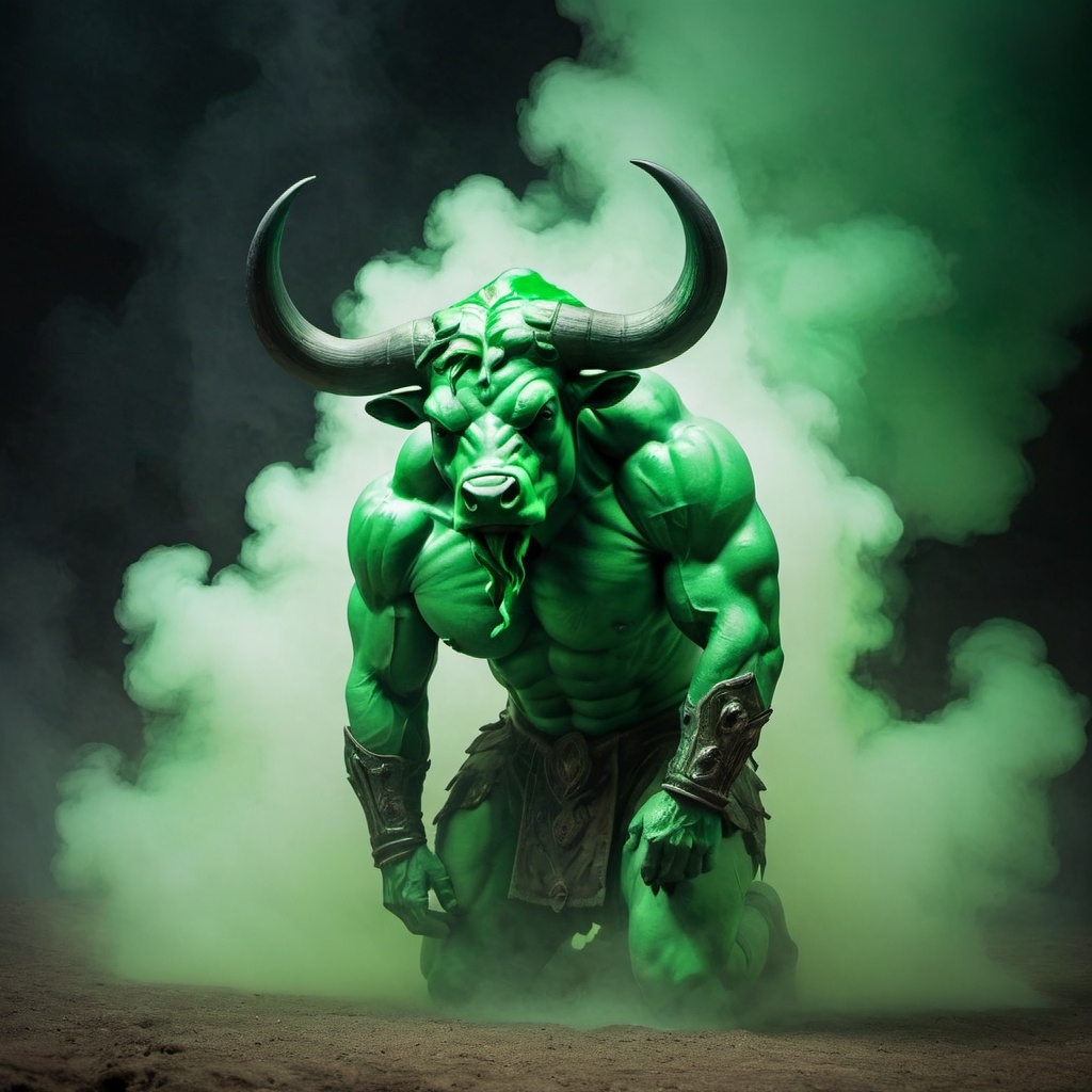 a minotaur shrouded in green gas