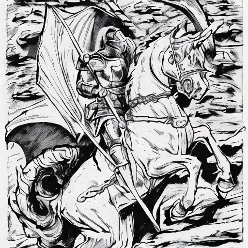 black and white coloring page of a knight fighting a... | OpenArt