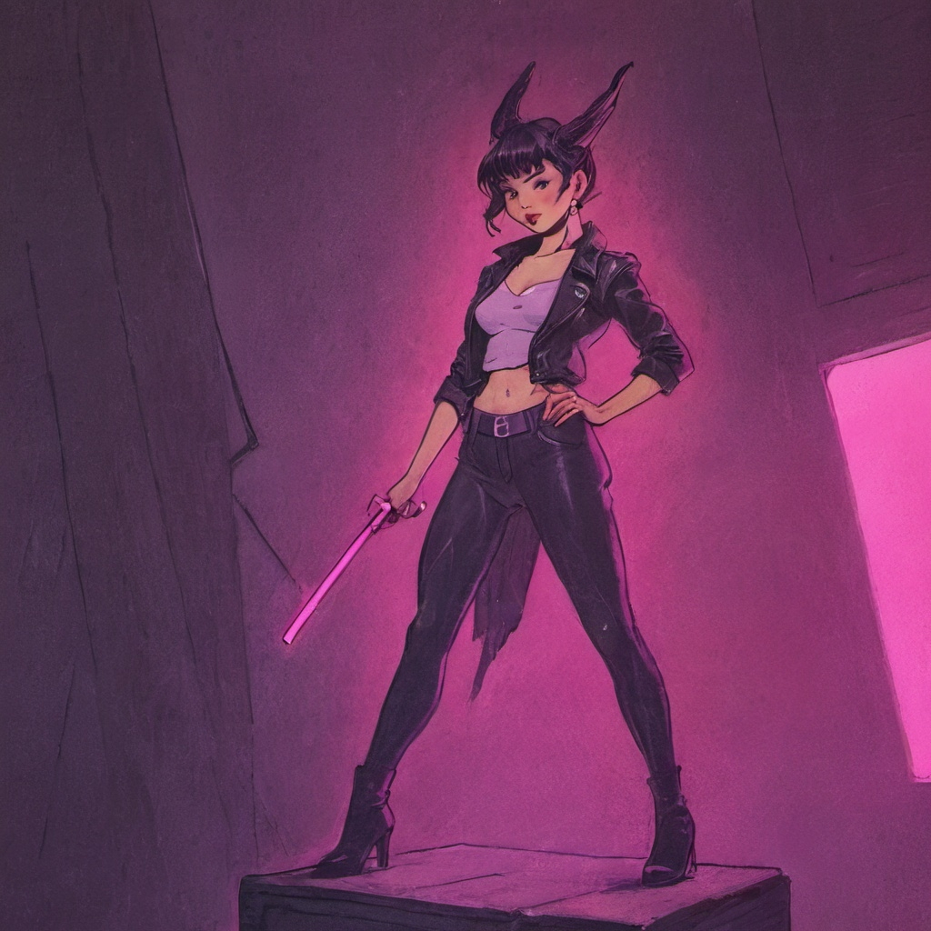 a beautiful female demon in a dynamic pose in a retr...