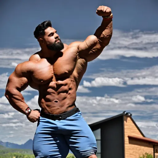 A giant muscular oversized bodybuilder fills the roo... | OpenArt