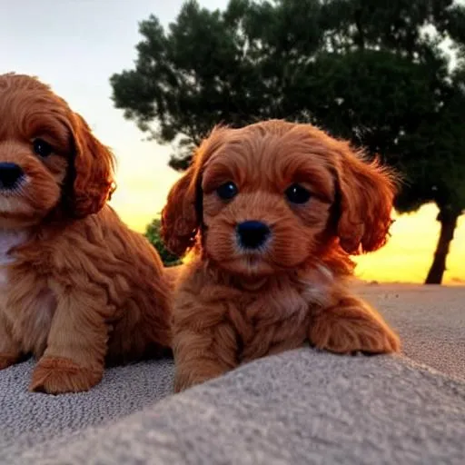 pretty cute cavapoo puppies with a sunset | OpenArt
