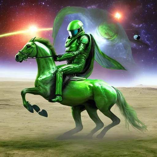 Science fiction green alien i space fighting a hors...