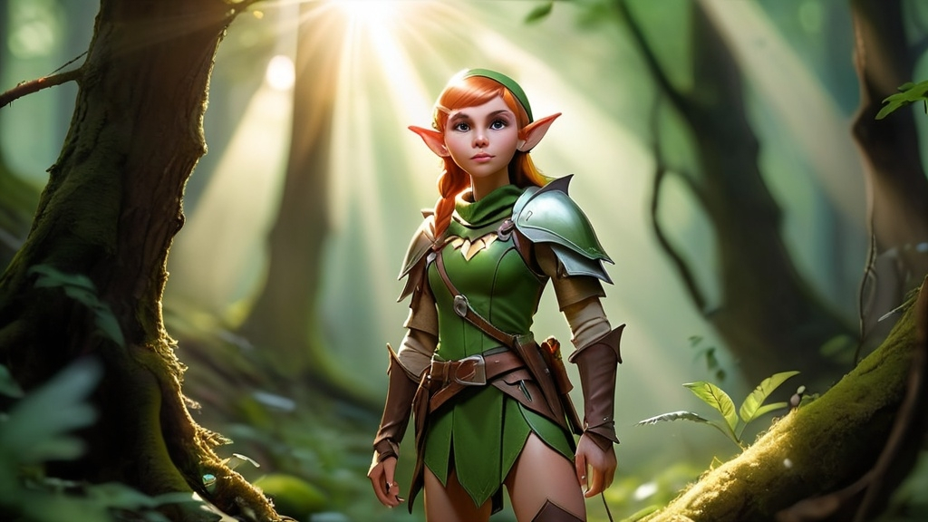 Elf ranger in a mystical forest around sunlight