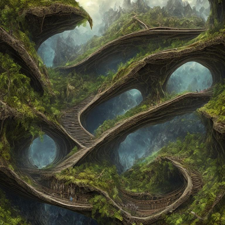 bridge over deep ravine, holes in the mountain, stai... | OpenArt