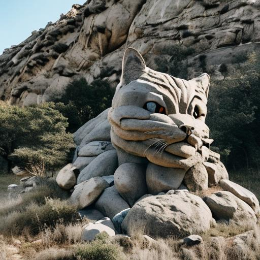 Photograph of a giant cat made out of rock siting on...