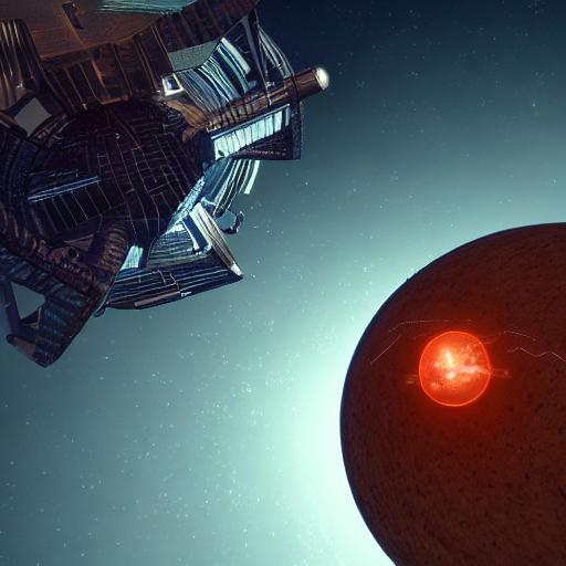 A spaceship that resembles a spider as it orbits a p...