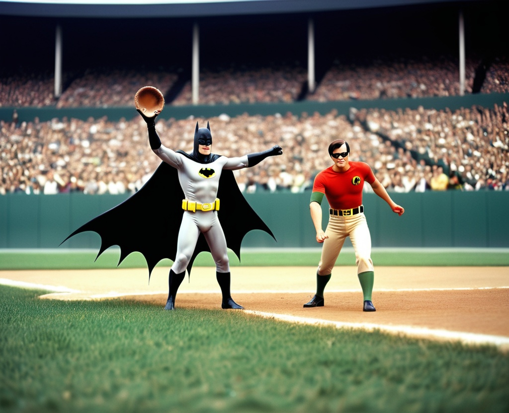 Baseball field, crowd, BATMAN and robin play catch,...