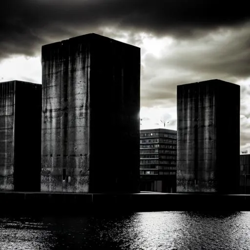brutalist city, black and white, gloom effect, persp...