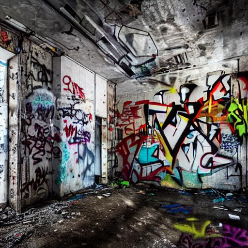 Full color photo of a basement covered in graffiti i...