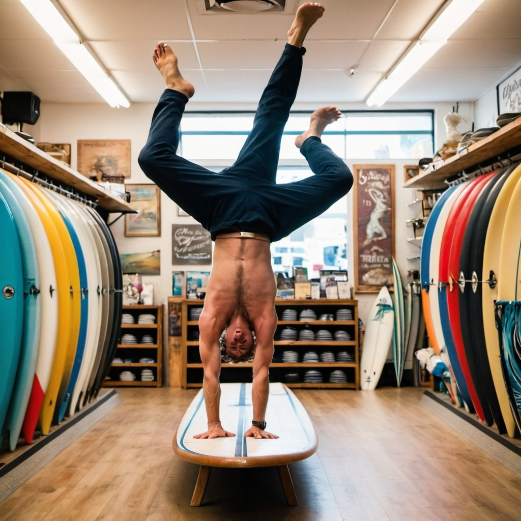 A pretty man doing a handstand on a surf board in a...