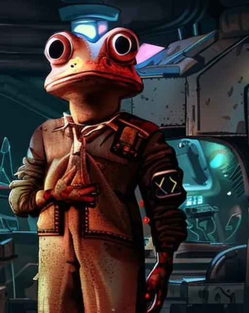 a friendly-looking frog alien npc wearing mechanics... | OpenArt