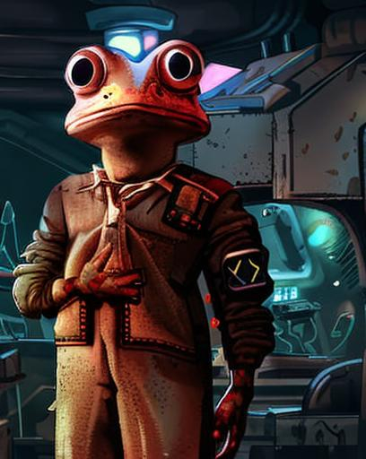 a friendly-looking frog alien npc wearing mechanics... | OpenArt