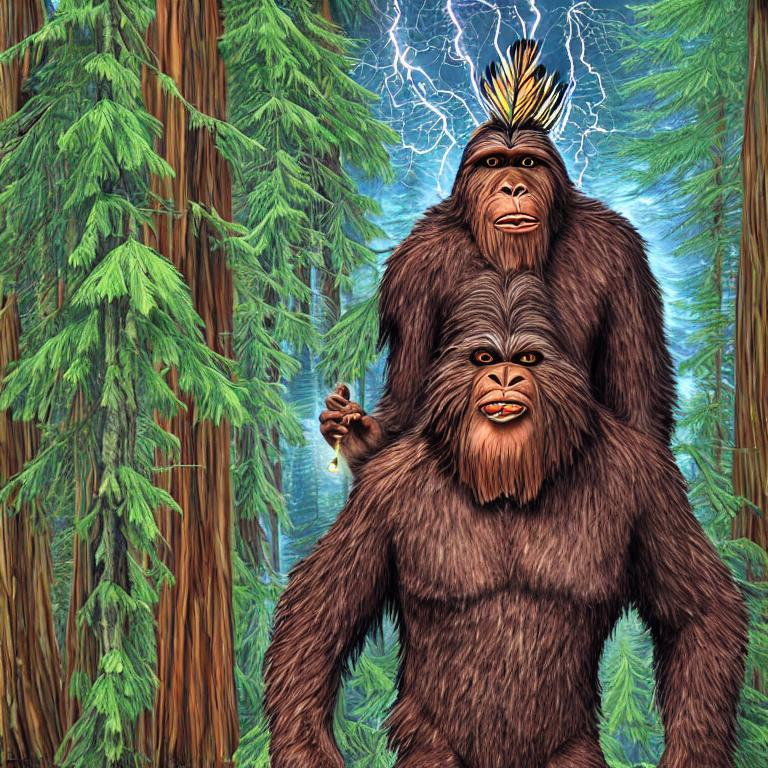 Bigfoot as a shaman tribal chief with feathers on he... | OpenArt