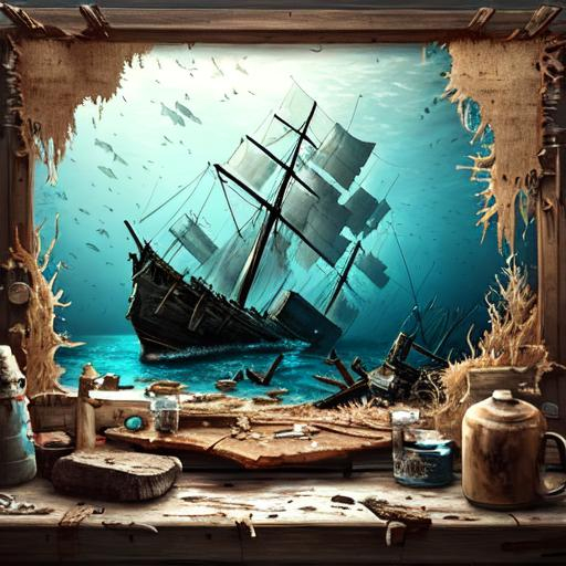 Hyperrealistic painting of a shipwreck, view underwa...