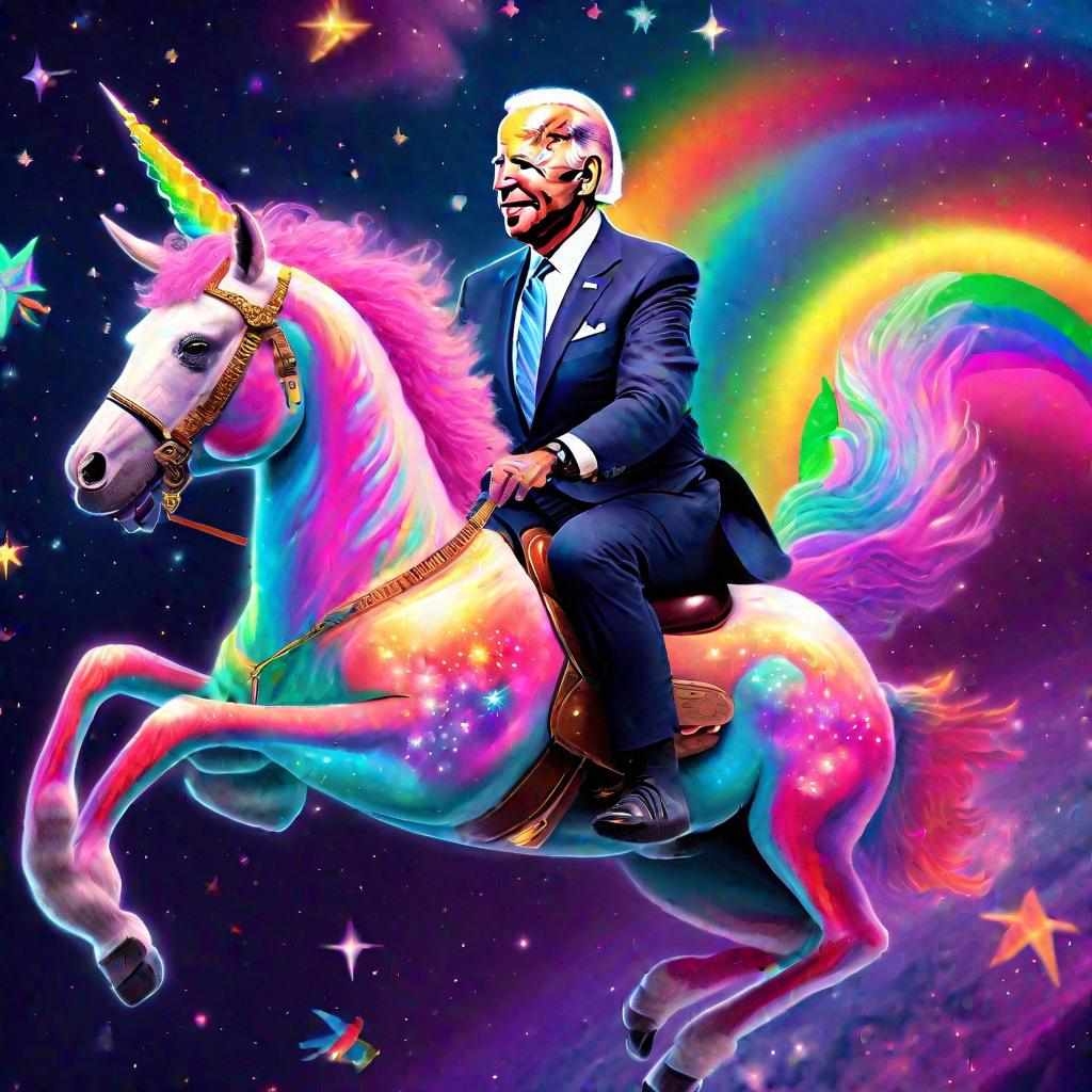 President Joe Biden riding a fantasy neon rainbow co...